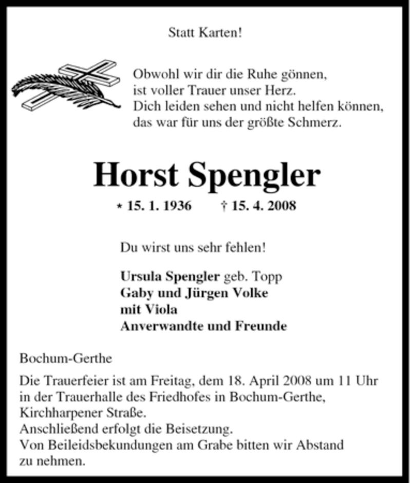 Traueranzeigen von Horst Spengler | Trauer-in-NRW.de