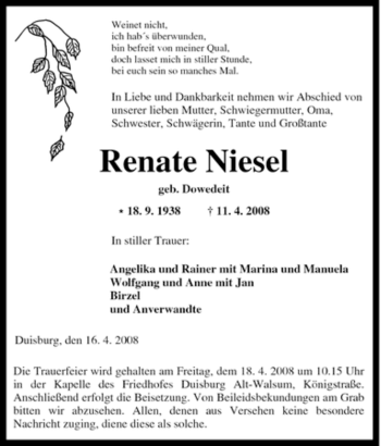 Traueranzeigen von Renate Niesel | Trauer-in-NRW.de