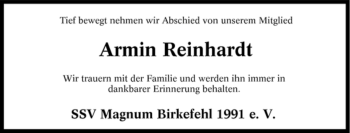 Traueranzeigen von Armin Reinhardt | Trauer-in-NRW.de