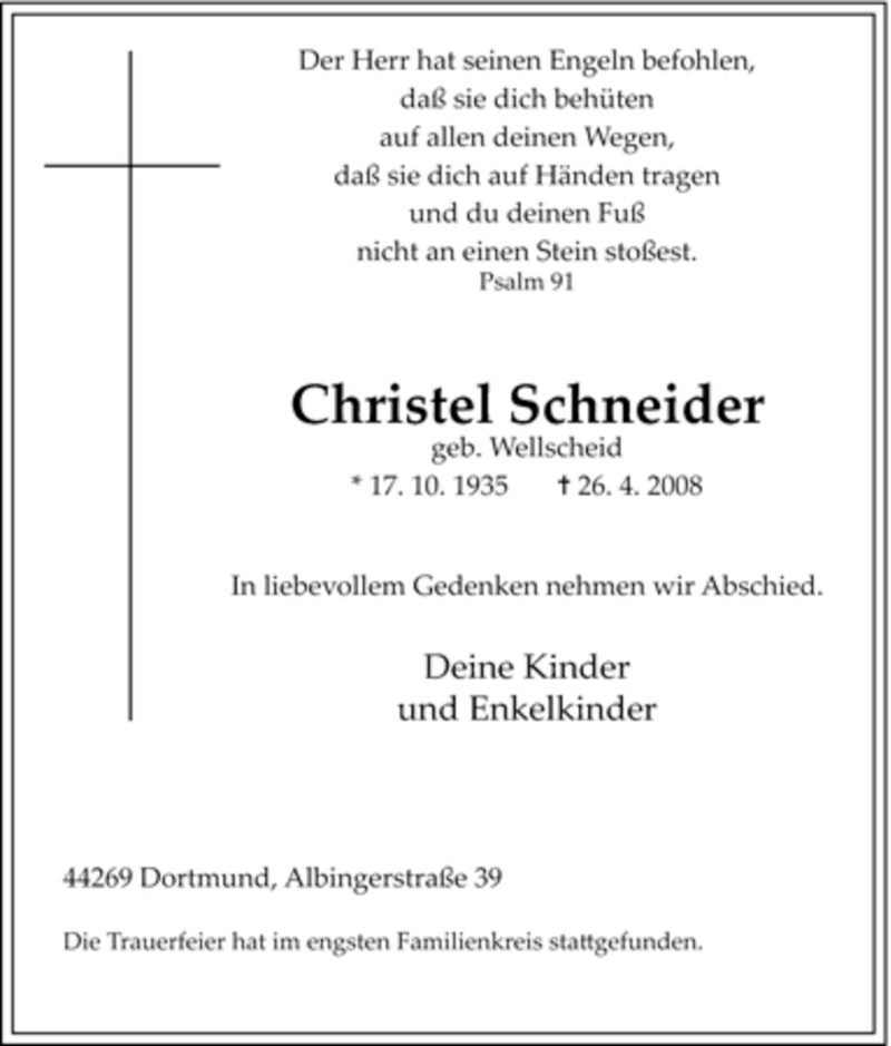 Traueranzeigen von Christel Schneider | Trauer-in-NRW.de