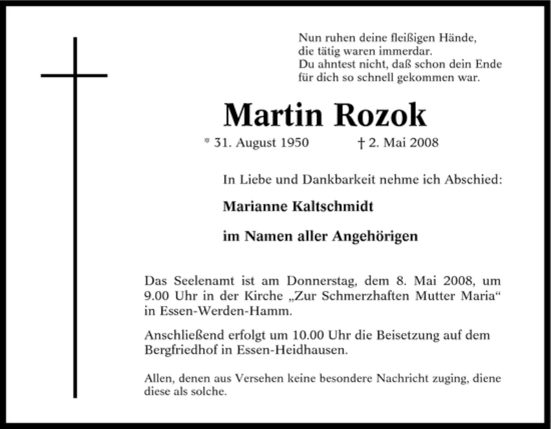 Traueranzeigen von Martin Rozok | Trauer-in-NRW.de