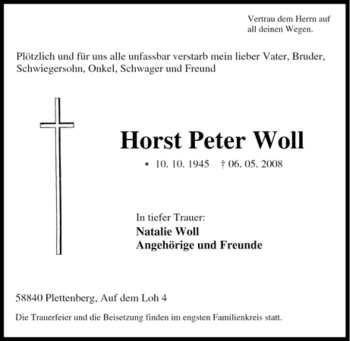 Traueranzeigen von Horst Peter Woll | Trauer-in-NRW.de