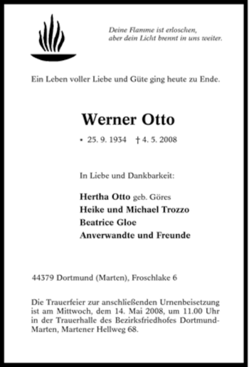 Traueranzeigen von Werner Otto | Trauer-in-NRW.de
