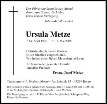 Traueranzeigen von Ursula Metze | Trauer-in-NRW.de