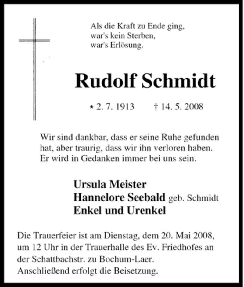 Traueranzeigen von Rudolf Schmidt | Trauer-in-NRW.de