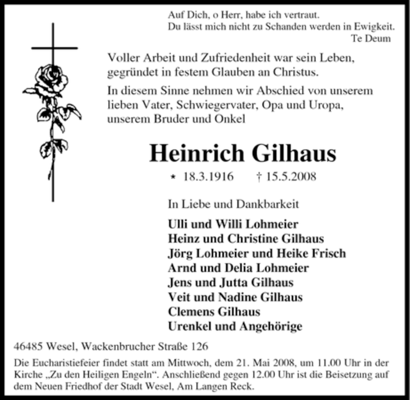 Traueranzeigen von Heinrich Gilhaus | Trauer-in-NRW.de