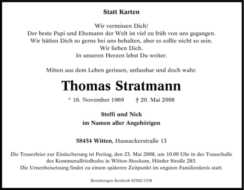 Traueranzeigen von Thomas Stratmann | Trauer-in-NRW.de