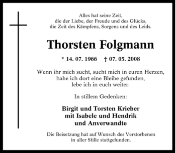 Traueranzeigen von Thorsten Folgmann | Trauer-in-NRW.de