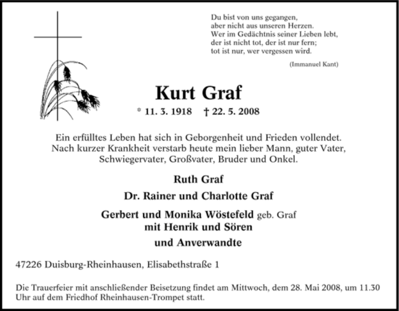 Traueranzeigen von Kurt Graf | Trauer-in-NRW.de
