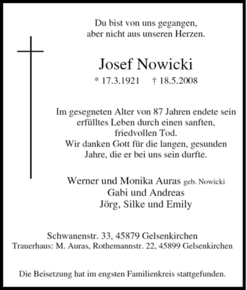 Traueranzeigen von Josef Nowicki | Trauer-in-NRW.de