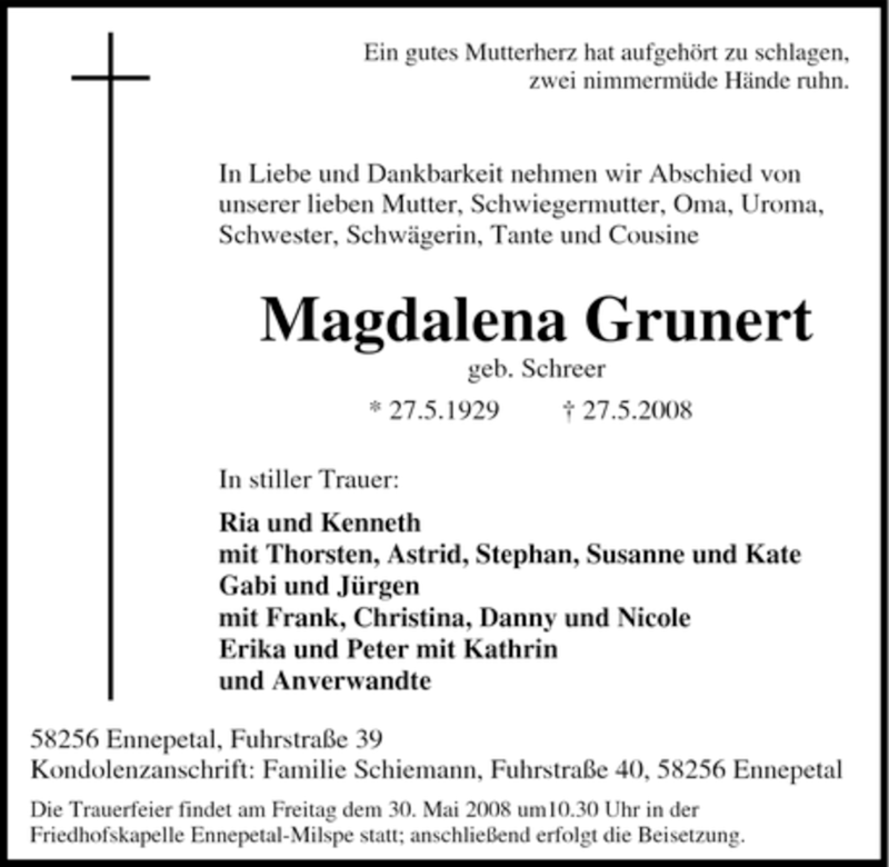 Traueranzeigen von Magdalena Grunert | Trauer-in-NRW.de