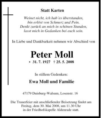 Traueranzeigen von Peter Moll | Trauer-in-NRW.de