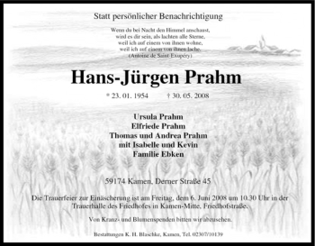 Traueranzeigen von Hans-Jürgen Prahm | Trauer-in-NRW.de