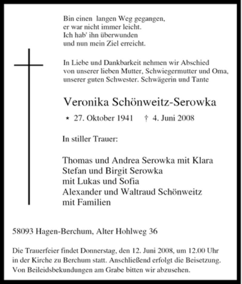 Traueranzeigen von Veronika Schönweitz-Serowka | Trauer-in-NRW.de