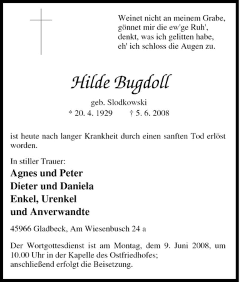 Traueranzeigen von Hilde Bugdoll | Trauer-in-NRW.de