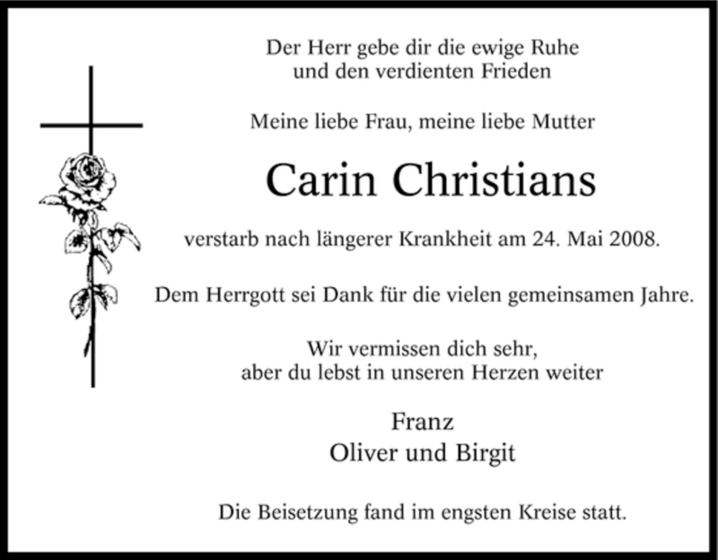 Traueranzeigen von Carin Christians | Trauer-in-NRW.de