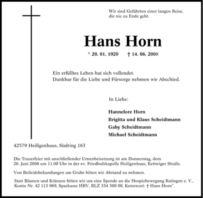 Traueranzeigen von Hans Horn | Trauer-in-NRW.de