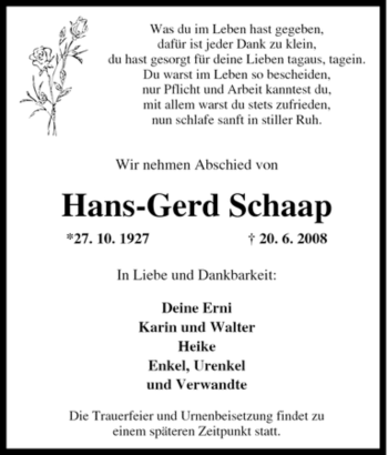 Traueranzeigen von Hans-Gerd Schaap | Trauer-in-NRW.de