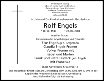 Traueranzeigen von Rolf Engels | Trauer-in-NRW.de
