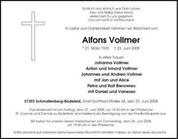 Traueranzeigen von Alfons Vollmer | Trauer-in-NRW.de