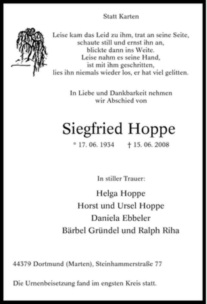 Traueranzeigen von Siegfried Hoppe | Trauer-in-NRW.de