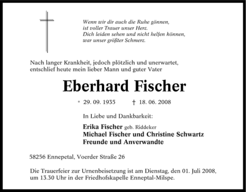 Traueranzeigen von Eberhard Fischer | Trauer-in-NRW.de