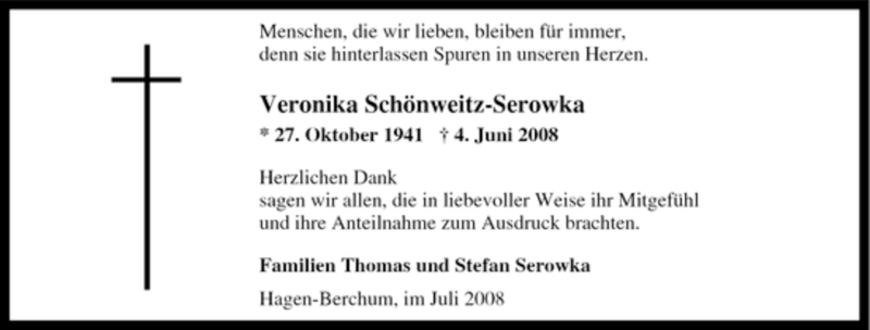 Traueranzeigen von Veronika Schönweitz-Serowka | Trauer-in-NRW.de