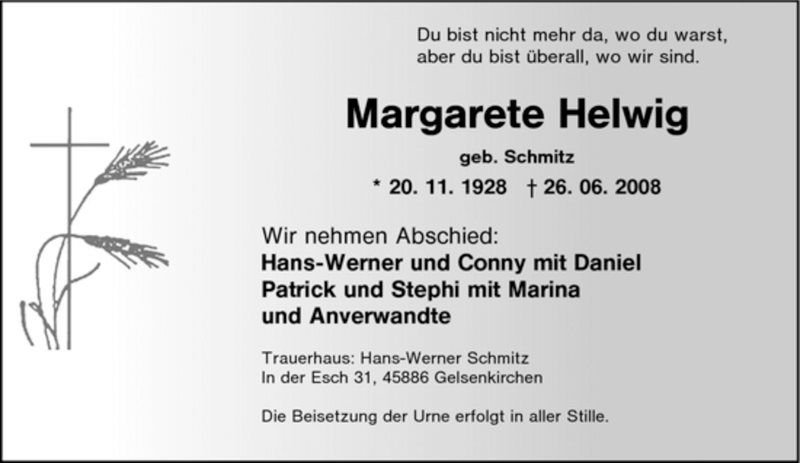 Traueranzeigen von Margareta Helwig | Trauer-in-NRW.de