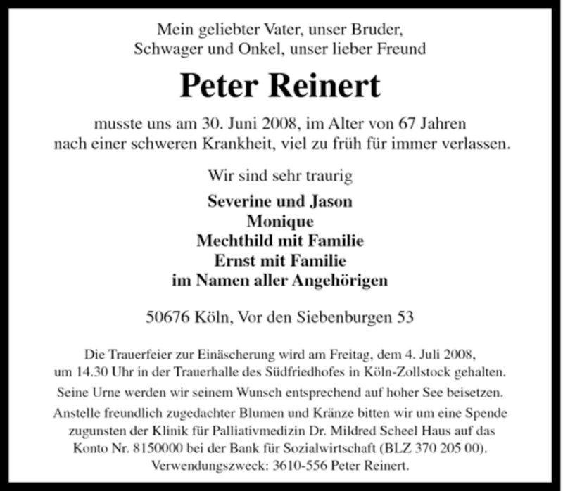 Traueranzeigen von Peter Reinert | Trauer-in-NRW.de