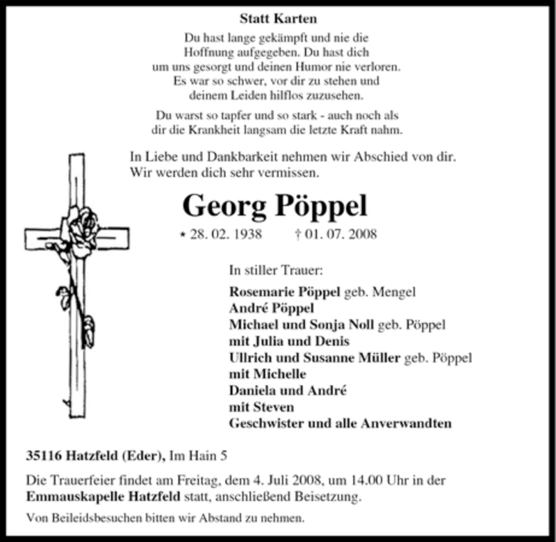 Traueranzeigen von Georg Pöppel | Trauer-in-NRW.de