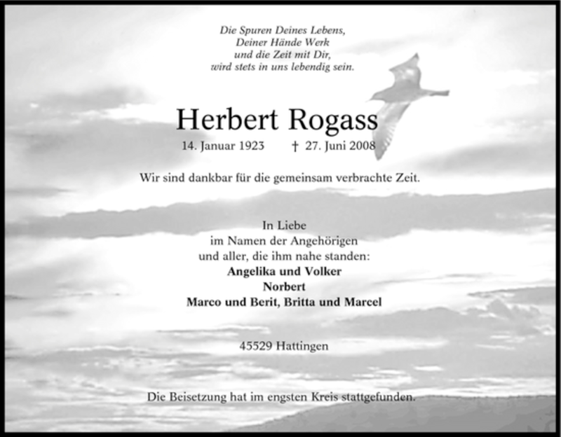 Traueranzeigen von Herbert Rogass | Trauer-in-NRW.de