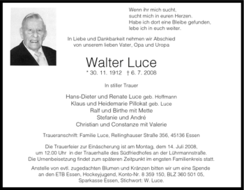 Traueranzeigen von Walter Luce | Trauer-in-NRW.de