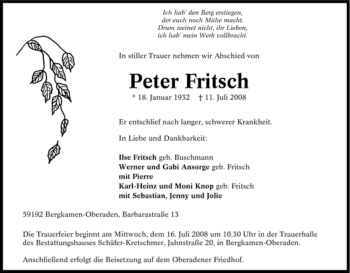 Traueranzeigen von Peter Fritsch | Trauer-in-NRW.de