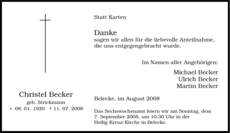 Traueranzeigen von Christel Becker | Trauer-in-NRW.de