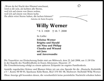 Traueranzeigen von Willy Werner | Trauer-in-NRW.de