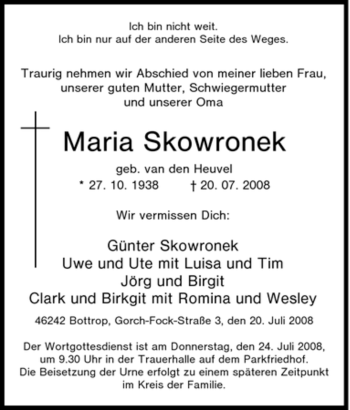 Traueranzeigen von Maria Skowronek | Trauer-in-NRW.de
