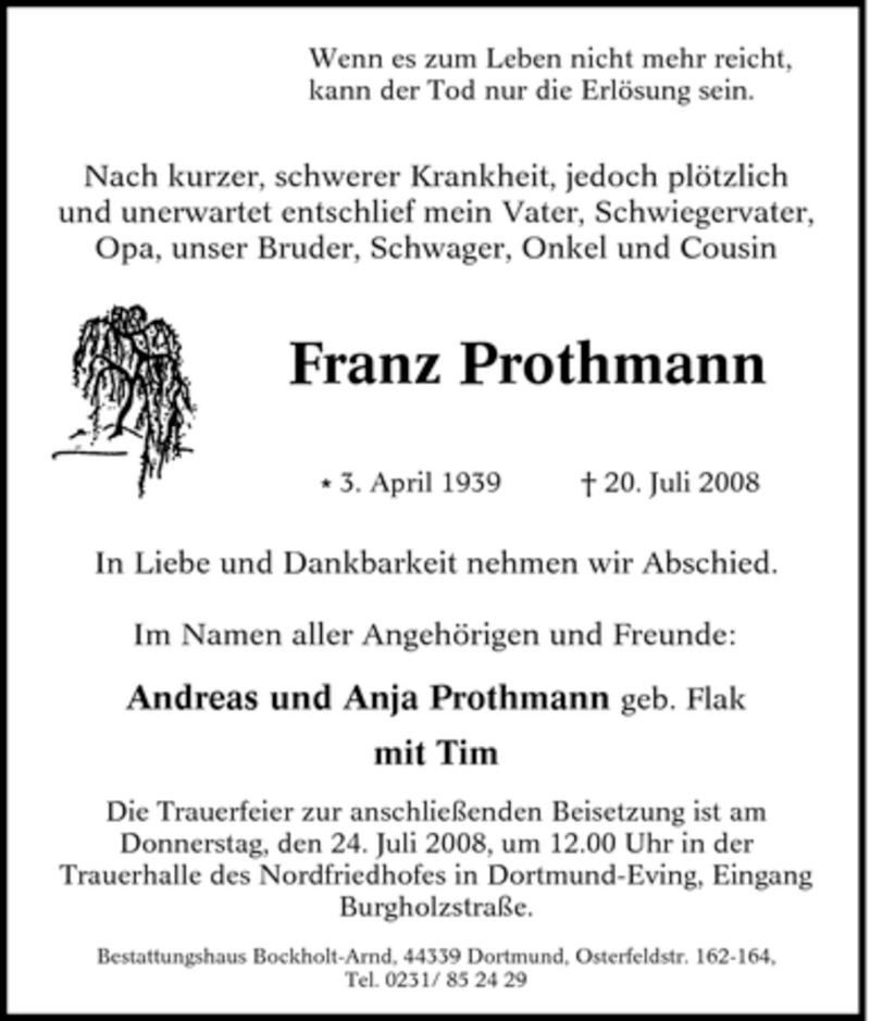Traueranzeigen von Franz Prothmann | Trauer-in-NRW.de