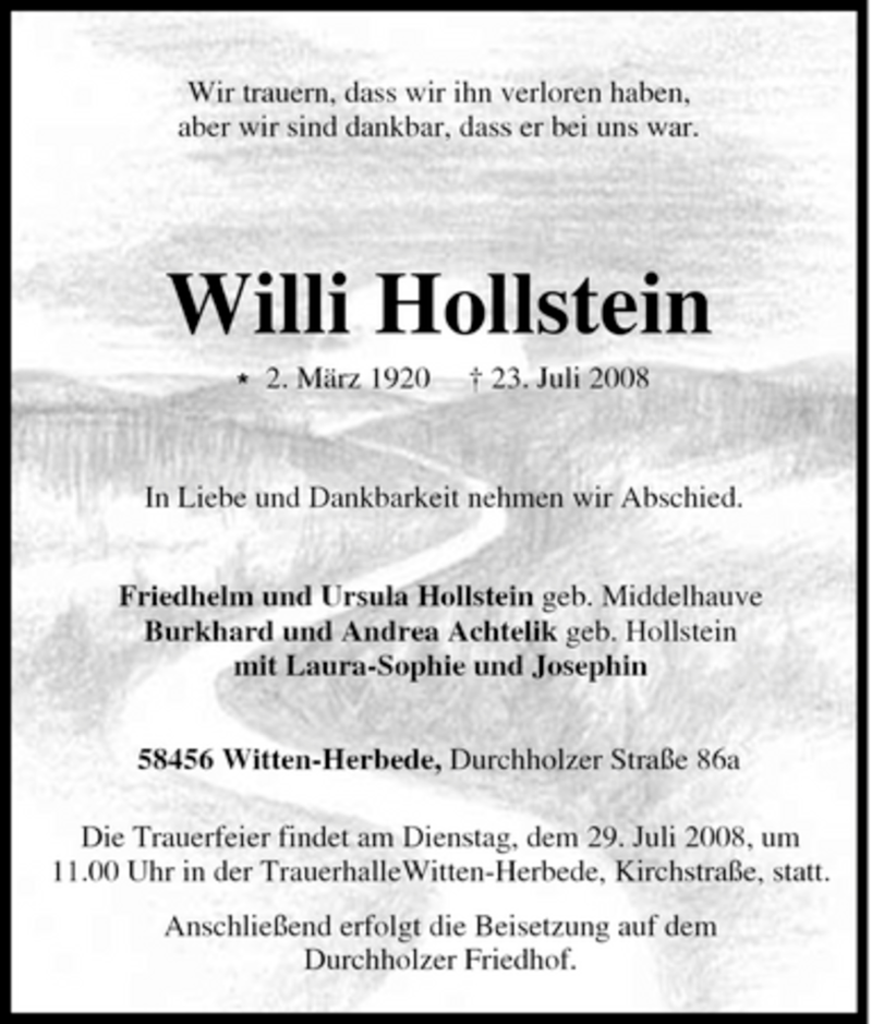 Traueranzeigen von Willi Hollstein | Trauer-in-NRW.de