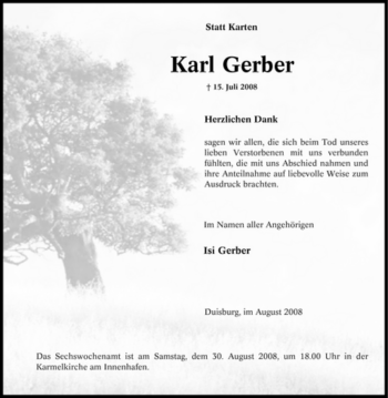 Traueranzeigen von Karl Gerber | Trauer-in-NRW.de
