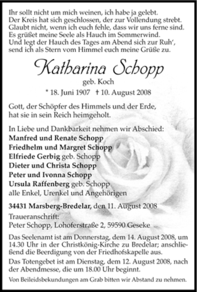 Traueranzeigen von Katharina Schopp | Trauer-in-NRW.de