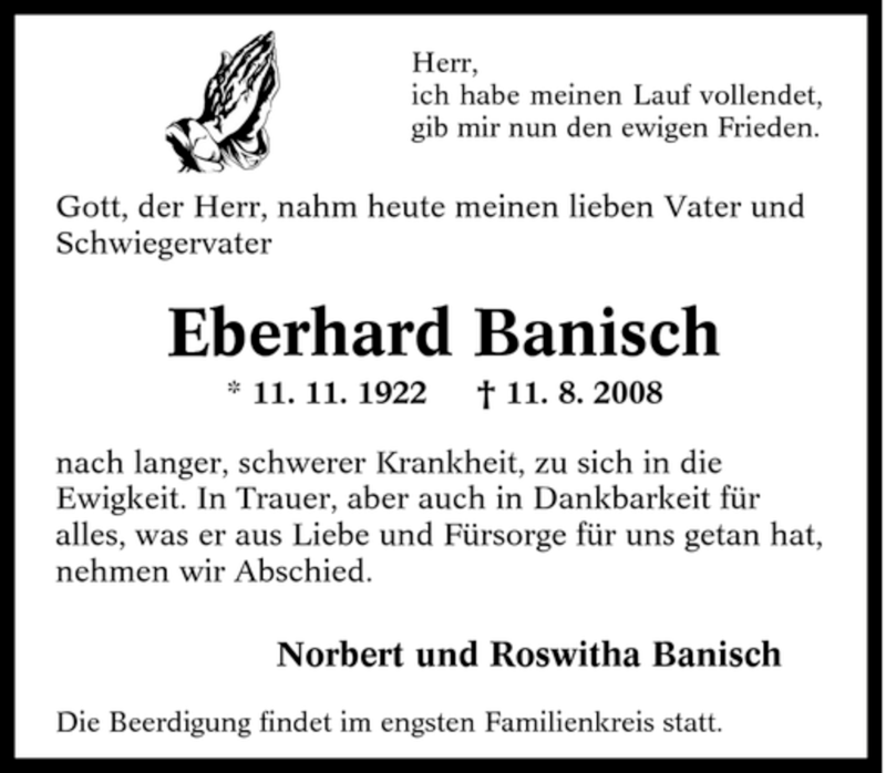 Traueranzeigen von Eberhard Banisch | Trauer-in-NRW.de