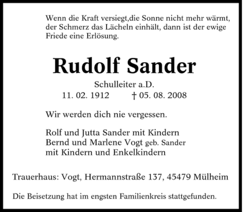 Traueranzeigen von Rudolf Sander | Trauer-in-NRW.de