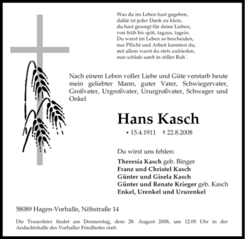 Traueranzeigen von Hans Kasch | Trauer-in-NRW.de