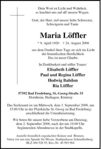 Traueranzeigen von Maria Löffler | Trauer-in-NRW.de