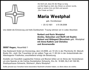 Traueranzeigen von Maria Westphal | Trauer-in-NRW.de