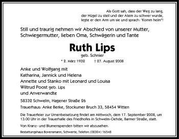 Traueranzeigen von Ruth Lips | Trauer-in-NRW.de