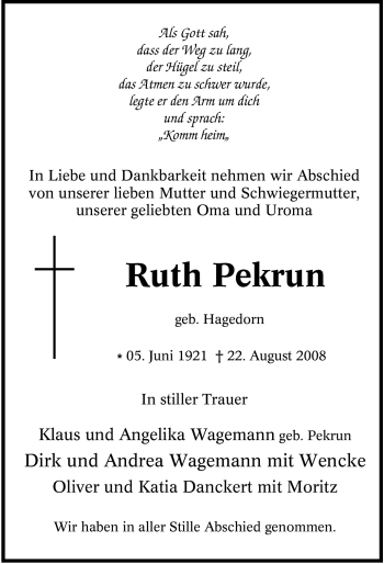Traueranzeigen von Ruth Pekrun | Trauer-in-NRW.de