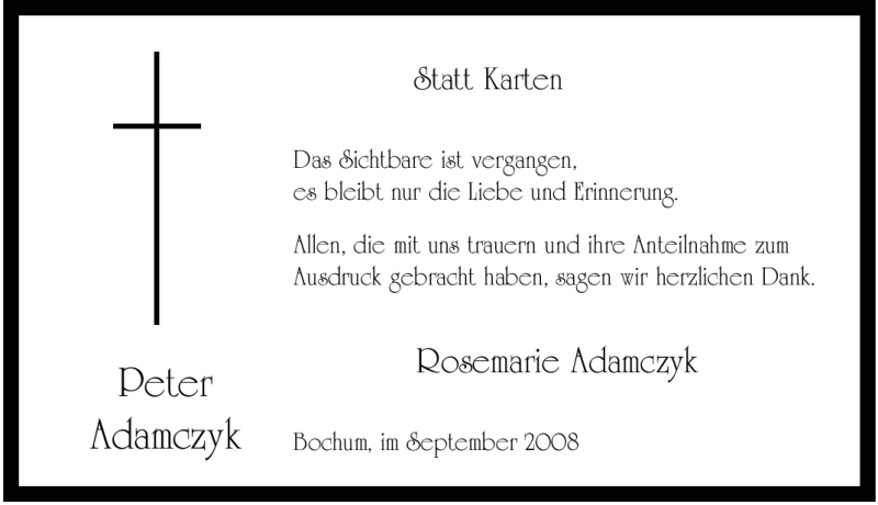 Traueranzeigen von Peter Adamczyk | Trauer-in-NRW.de