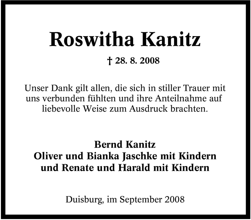 Traueranzeigen von Roswitha Kanitz | Trauer-in-NRW.de
