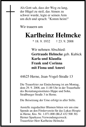 Traueranzeigen von Karlheinz Helmcke | Trauer-in-NRW.de